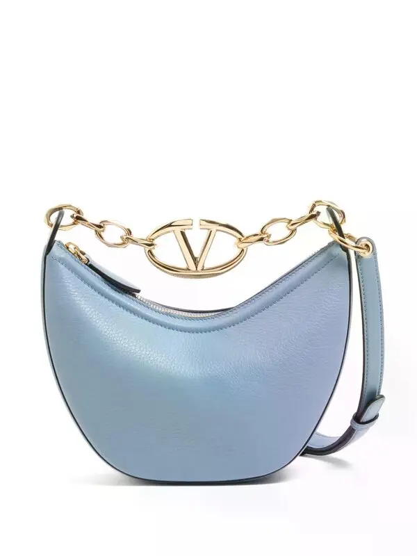Valentino Garavani Mini Vlogo Moon Bag In Grainy Calfskin With Chain - Blue