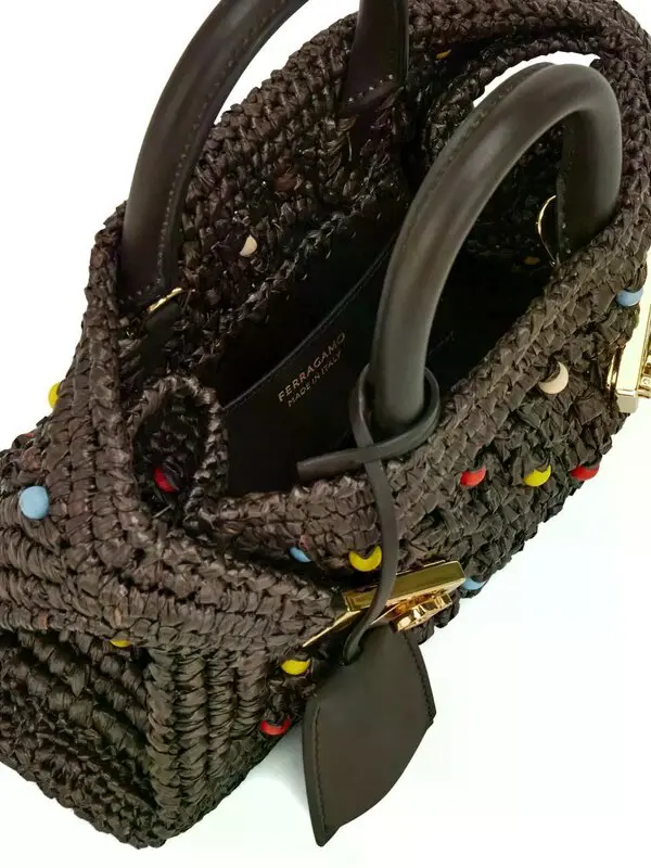 FERRAGAMO Hug Handbag With Knotted Raffia And Wooden Beads