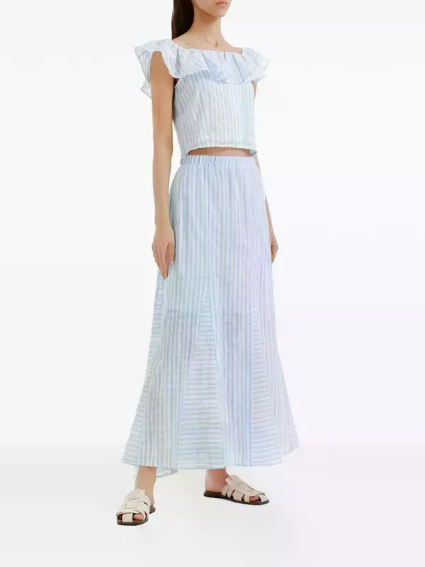 TOUT A COUP Striped Ruffled Jumpsuit With Flared Leg - Blue