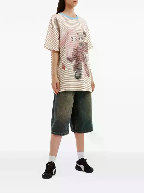 MINI CREAM Striped Graphic Print Cotton T-shirt