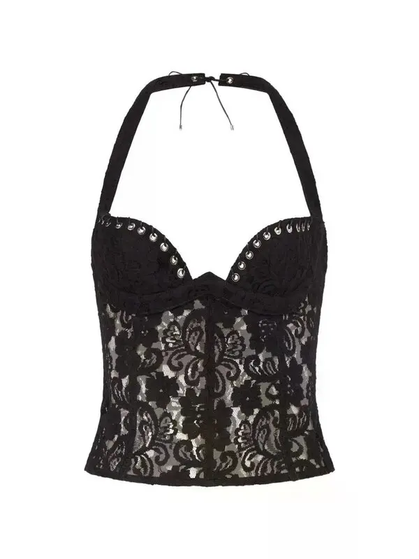 LUDOVIC DE SAINT SERNIN Lace Eyelet Halterneck Top - Black