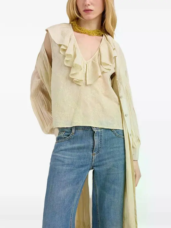 Momoni Embroidered Ruffled V-neck Sleeveless Top