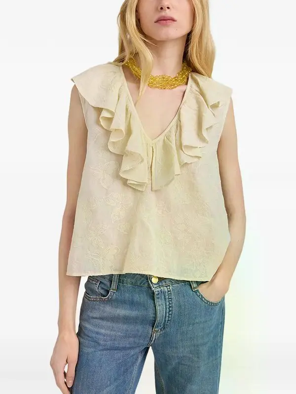 Momoni Embroidered Ruffled V-neck Sleeveless Top