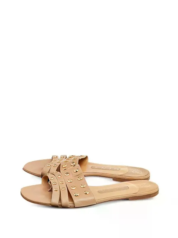 GINA Embellished Leather Slide Sandals With Stud Detailing - Neutrals
