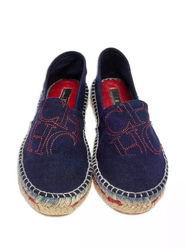 Carolina Herrera Navy Monogram Embroidered Canvas Flat Espadrilles