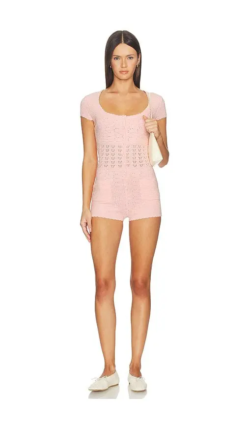 Majorelle Short Sleeve Crochet Romper - Pink