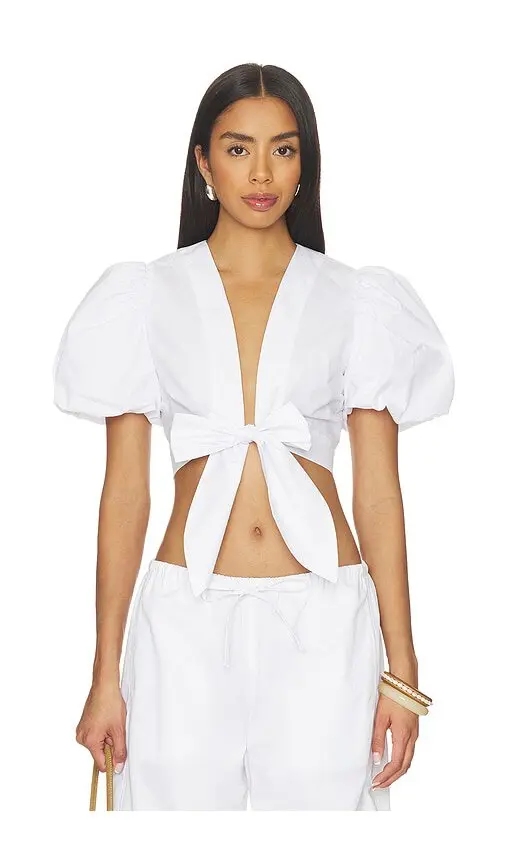 Susana Monaco Poplin Bubble Sleeve Tie Front Top - White