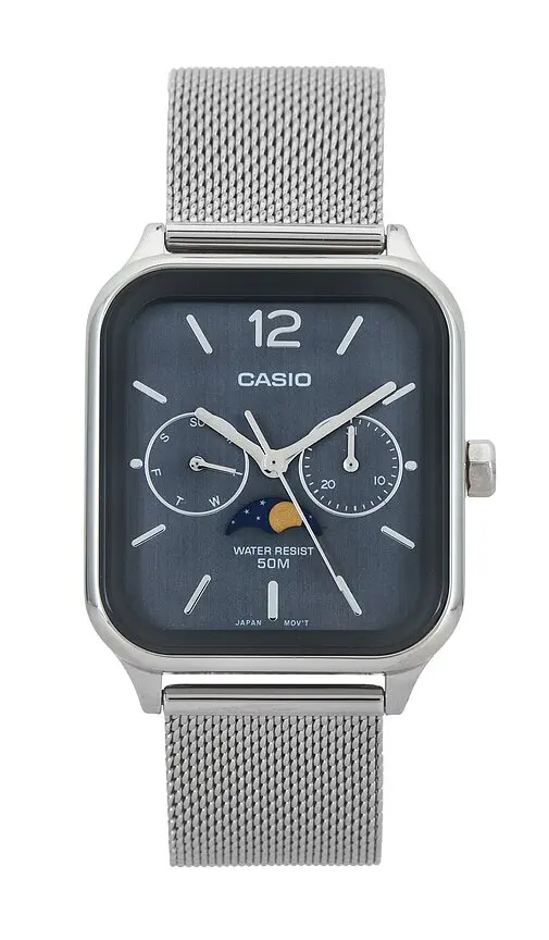 Casio Moon Phase Watch With Stainless Steel Mesh Band - Metallic Silver