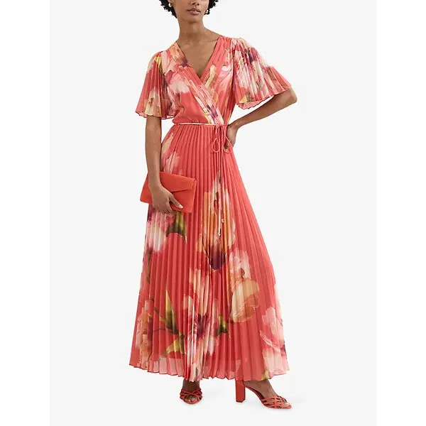 PHASE EIGHT Floral Print Pleated Maxi Dress - Orange