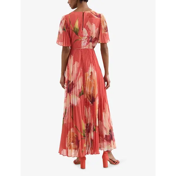 PHASE EIGHT Floral Print Pleated Maxi Dress - Orange