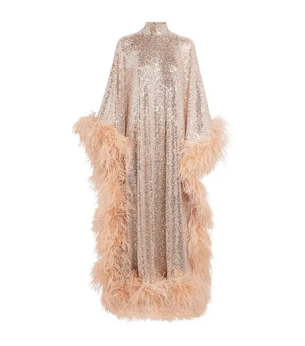 TALLER MARMO Sequinned Feather Kaftan Maxi Dress - Silver