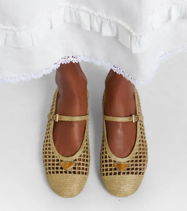 Prada Woven Mary Jane Flats - Gold