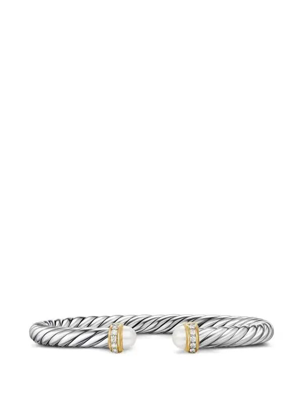 David Yurman Cable Flex® Bracelet With Pearls And Diamonds In Sterling And 14k Yellow Gold - Silver