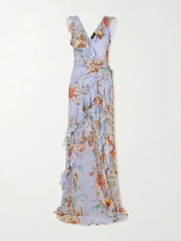 Etro Ruffled Tiered Paisley And Floral-print Satin Maxi Dress - Blue