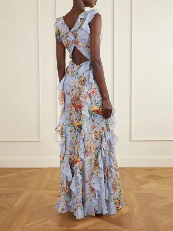 Etro Ruffled Tiered Paisley And Floral-print Satin Maxi Dress - Blue