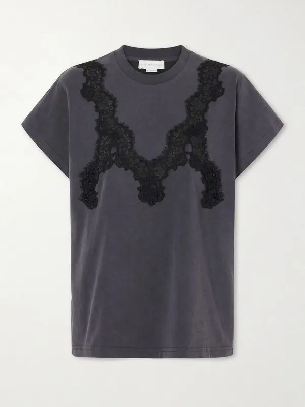 Stella McCartney Lace-trimmed Cotton-jersey T-shirt - Black