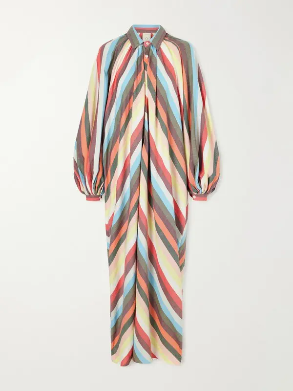 MARRAKSHI LIFE Balloon Sleeve Touareg Striped Cotton Maxi Dress - Multi