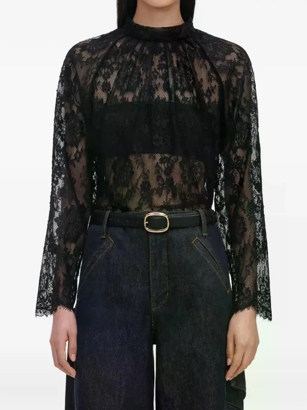 SELF-PORTRAIT Lace High Neck Long Sleeve Blouse - Black