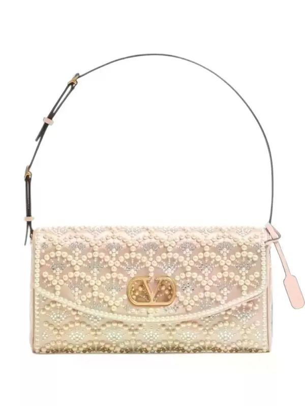 Valentino Garavani Small Shoulder Bag With Pearls And Rhinestones - Neutrals