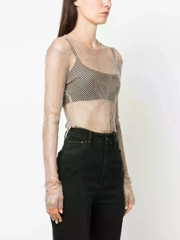 GENNY Rhinestone Mesh Cropped Blouse
