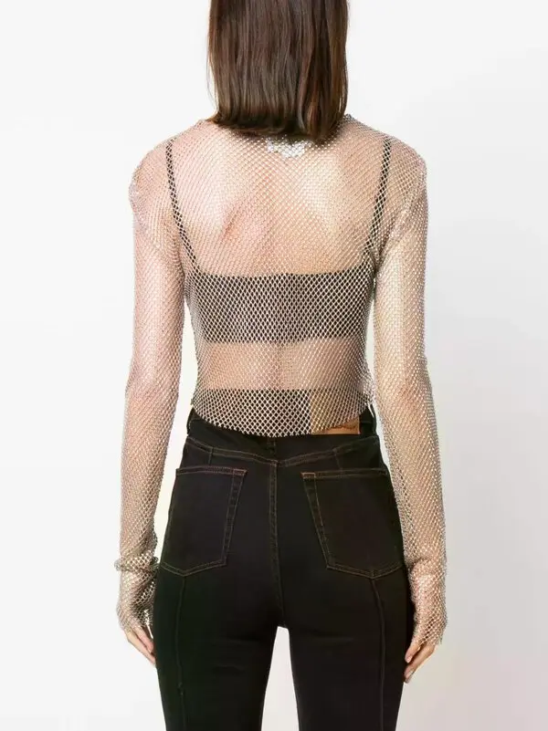 GENNY Rhinestone Mesh Cropped Blouse