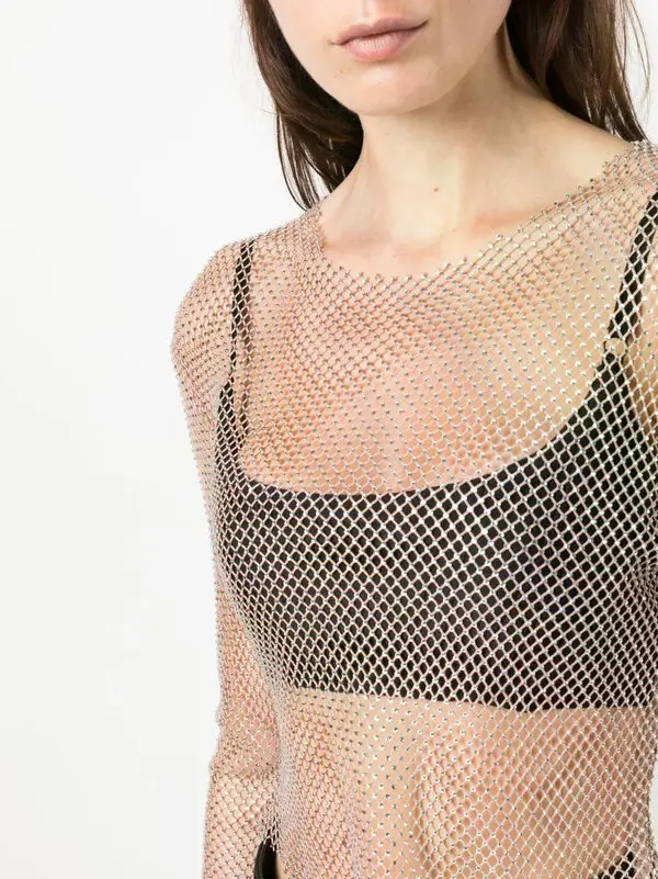 GENNY Rhinestone Mesh Cropped Blouse