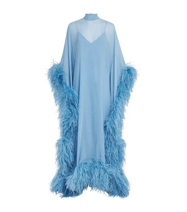 TALLER MARMO Silk Casta Spirito Kaftan Maxi Dress With Feather Trim - Blue