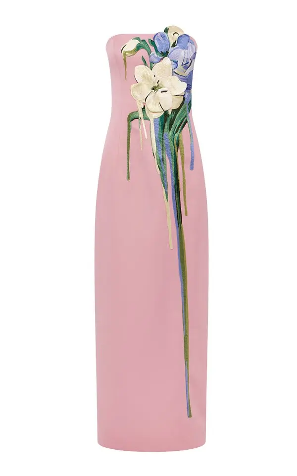 LEO LIN Floral-embroidered Strapless Maxi Dress - Pink