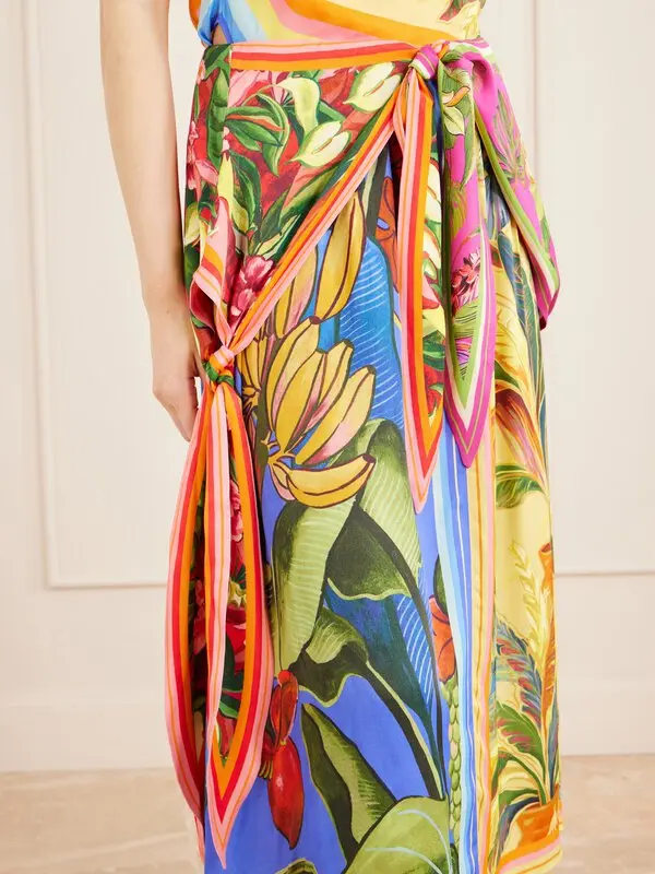 Farm Rio Rainbow Summer Printed Satin Midi Skirt