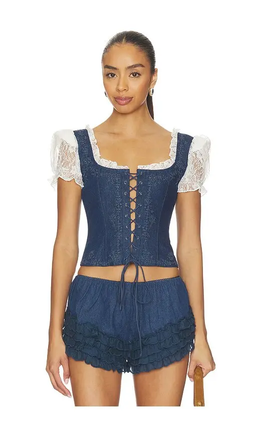 For Love & Lemons Yasmin Lace-up Top - Blue