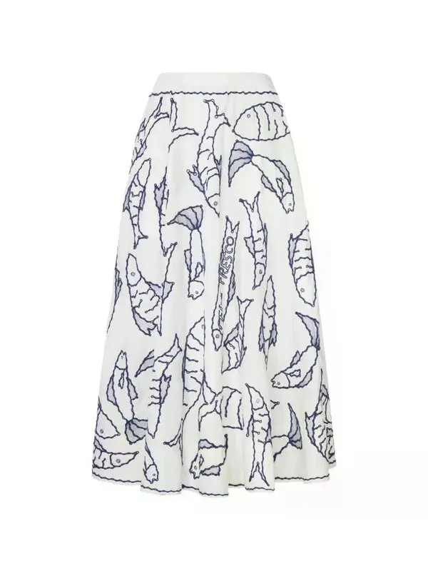 Farm Rio Embroidered Linen Midi Skirt - White