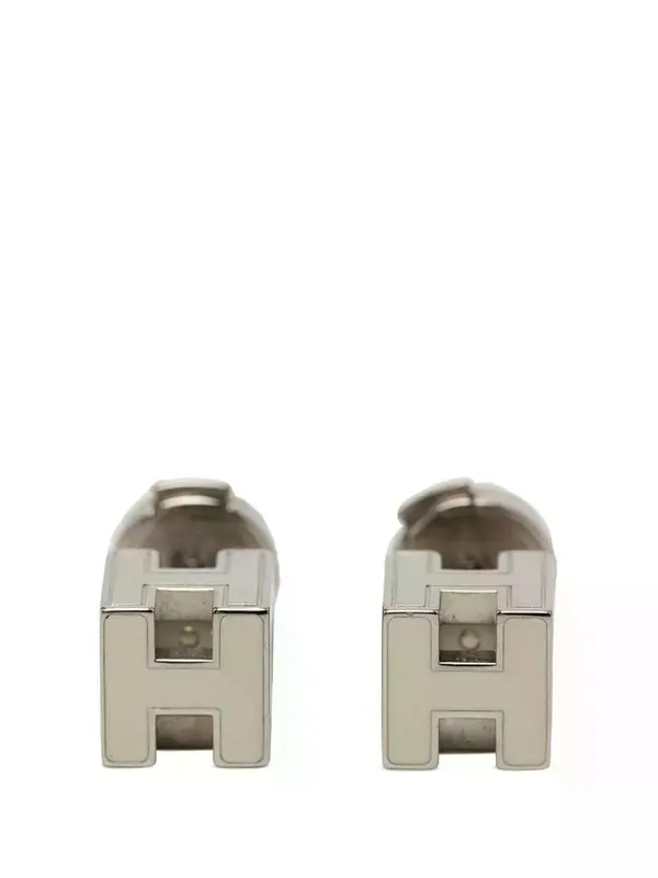 Hermès Palladium Plated And Enamel Cage D'h Push Back Earrings - Silver