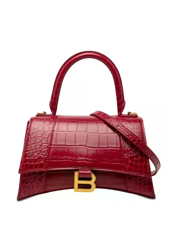 Balenciaga 2010 Small Croc Embossed Hourglass Top Handle Bag Satchel - Red