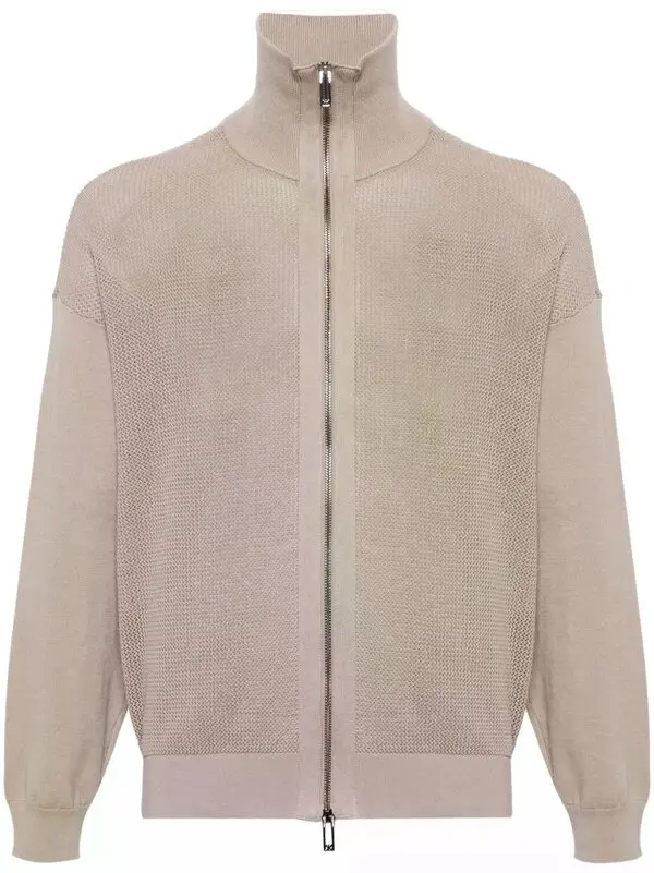 Emporio Armani High Neck Zip-up Cotton Cardigan - Neutrals