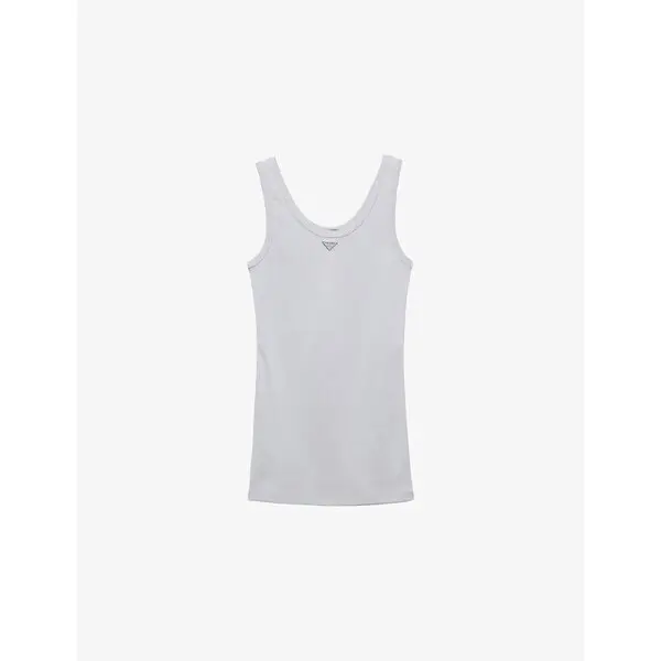 Prada Logo Plaque Ribbed Cotton Tank Top - Grey