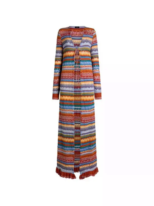Etro Openwork Striped Cotton Long Cardigan - Red