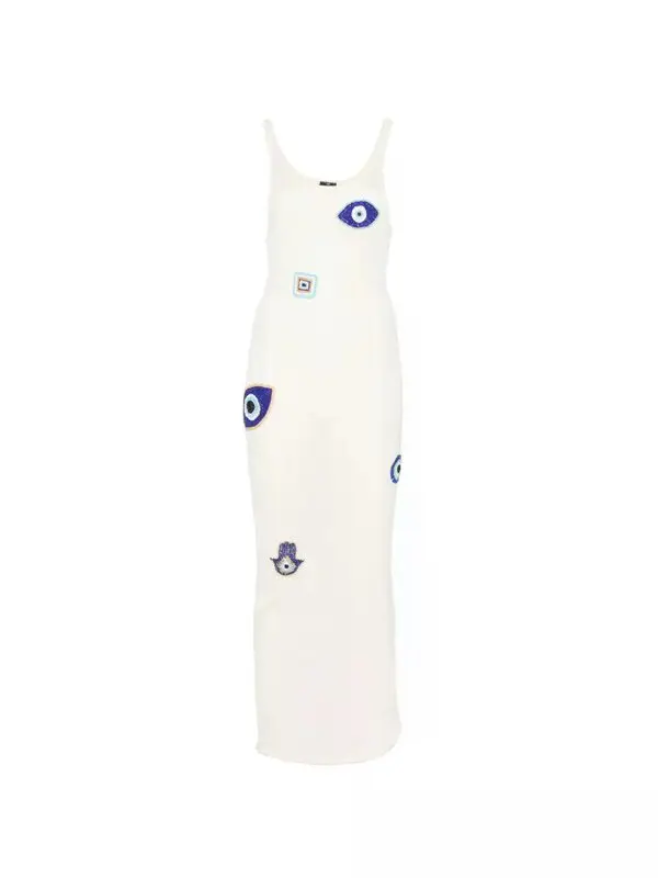 LESLIE AMON Sleeveless Scoop Neck Midi Dress With Bead Embellishments - Neutrals