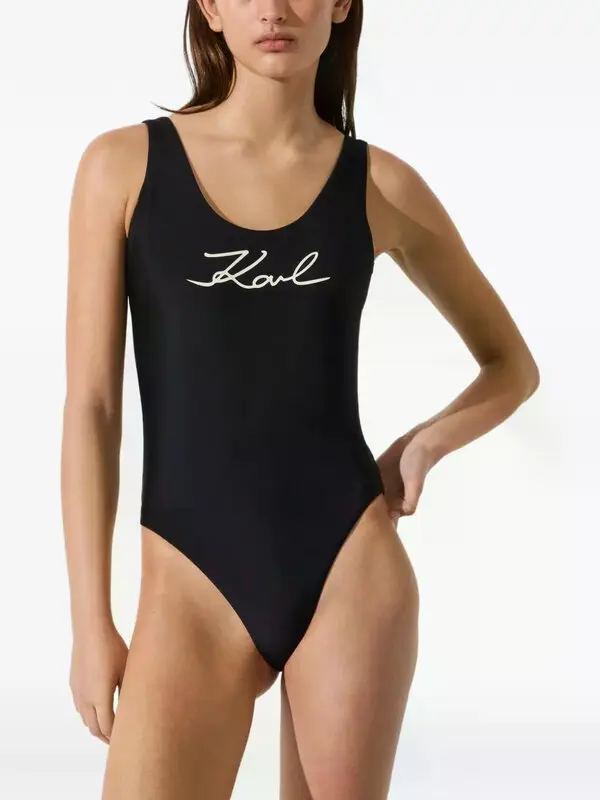 Karl Lagerfeld Signature Scoop Neck One Piece Swimsuit