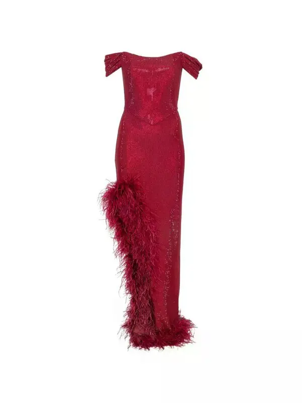 MIRON Crystal-embellished Feather-trim Maxi Dress - Red