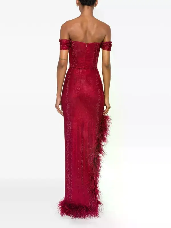 MIRON Crystal-embellished Feather-trim Maxi Dress