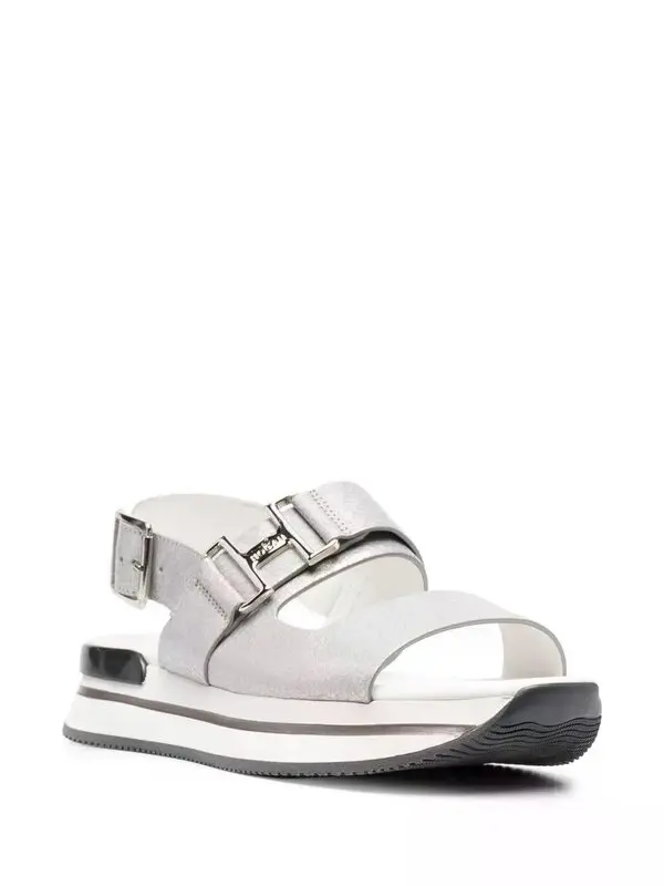 Hogan Silver-tone Leather Platform Sandals With Buckle Detail