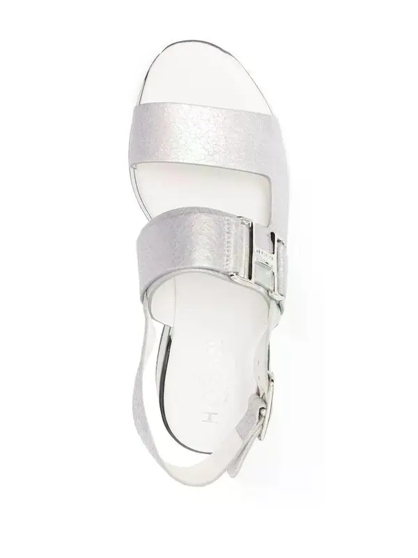 Hogan Silver-tone Leather Platform Sandals With Buckle Detail