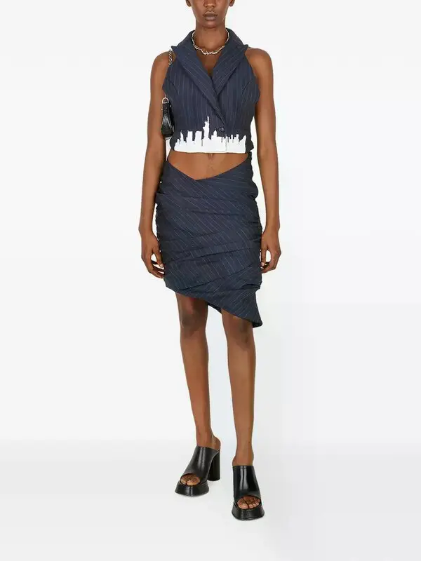 LOURDES Pinstripe Halter Neck Top With Graphic Trim