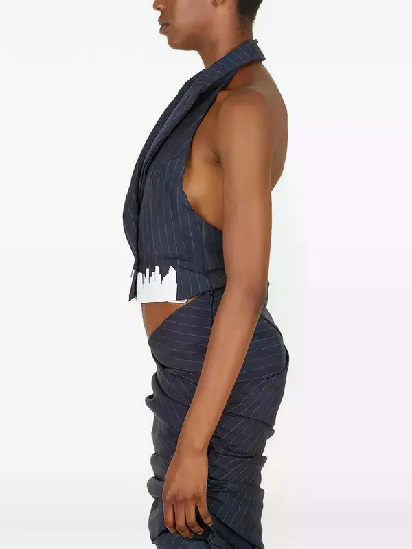 LOURDES Pinstripe Halter Neck Top With Graphic Trim