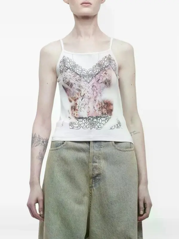 Y/project Lace-print Square Neck Top - White