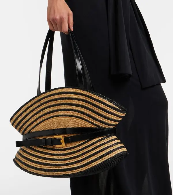 Balmain Raffia-effect Striped Shoulder Bag - Black