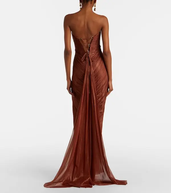 MARIA LUCIA HOHAN Rachel Draped Silk Muslin Bustier Gown - Brown