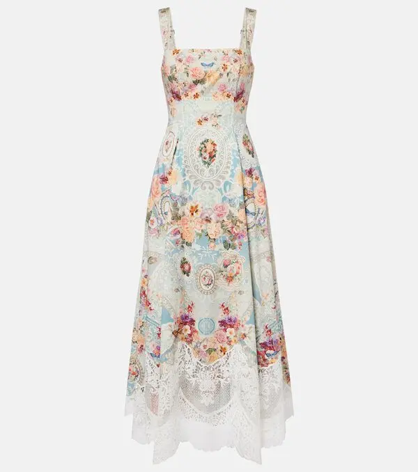 Camilla Printed Lace-trimmed Cotton Midi Dress - Multicoloured