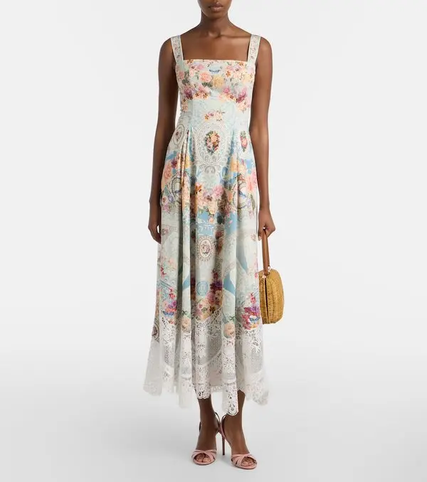 Camilla Printed Lace-trimmed Cotton Midi Dress
