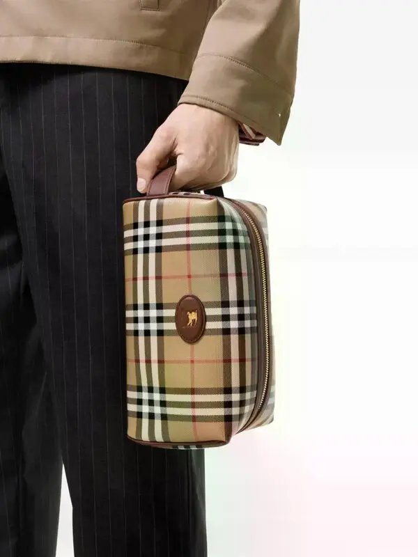 Burberry Check Travel Pouch With Knight Stamp - Neutrals